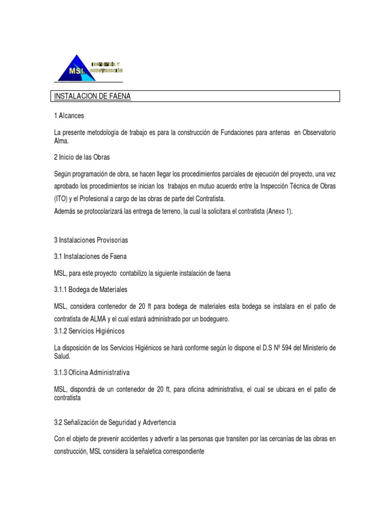 Procedimiento Instalacion de Faena