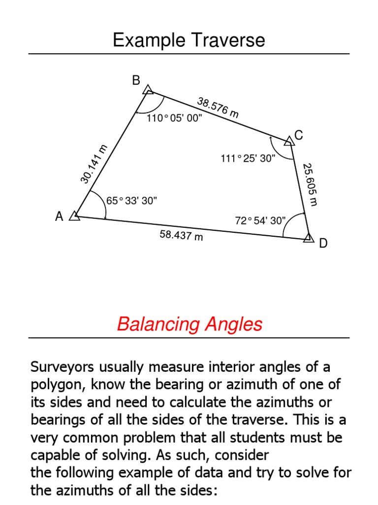 Example Traverse: Balanced Angles and Directions | PDF | Azimuth | Angle
