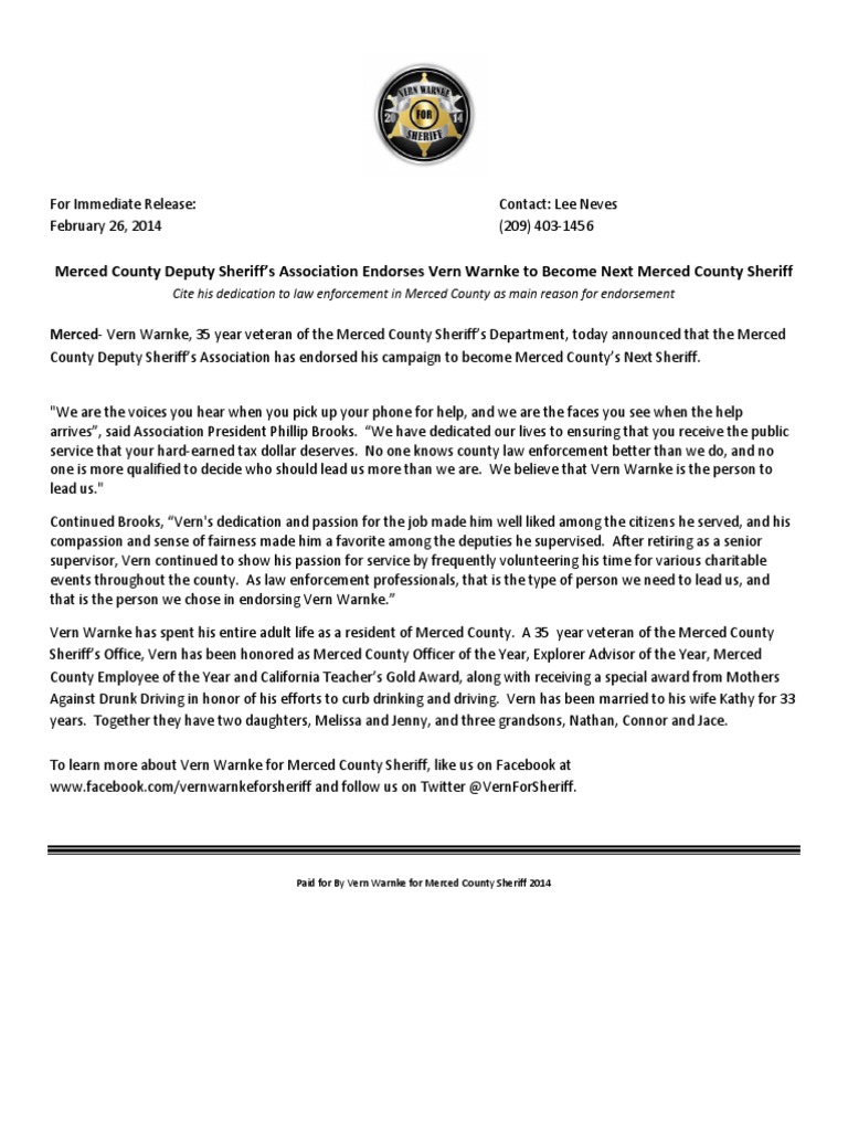 Merced Deputies Endorse Warnke | PDF | Politics | Mystery, Thriller ...