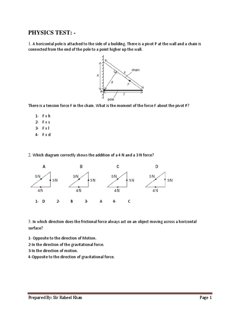 Physics Test | PDF | Force | Mass