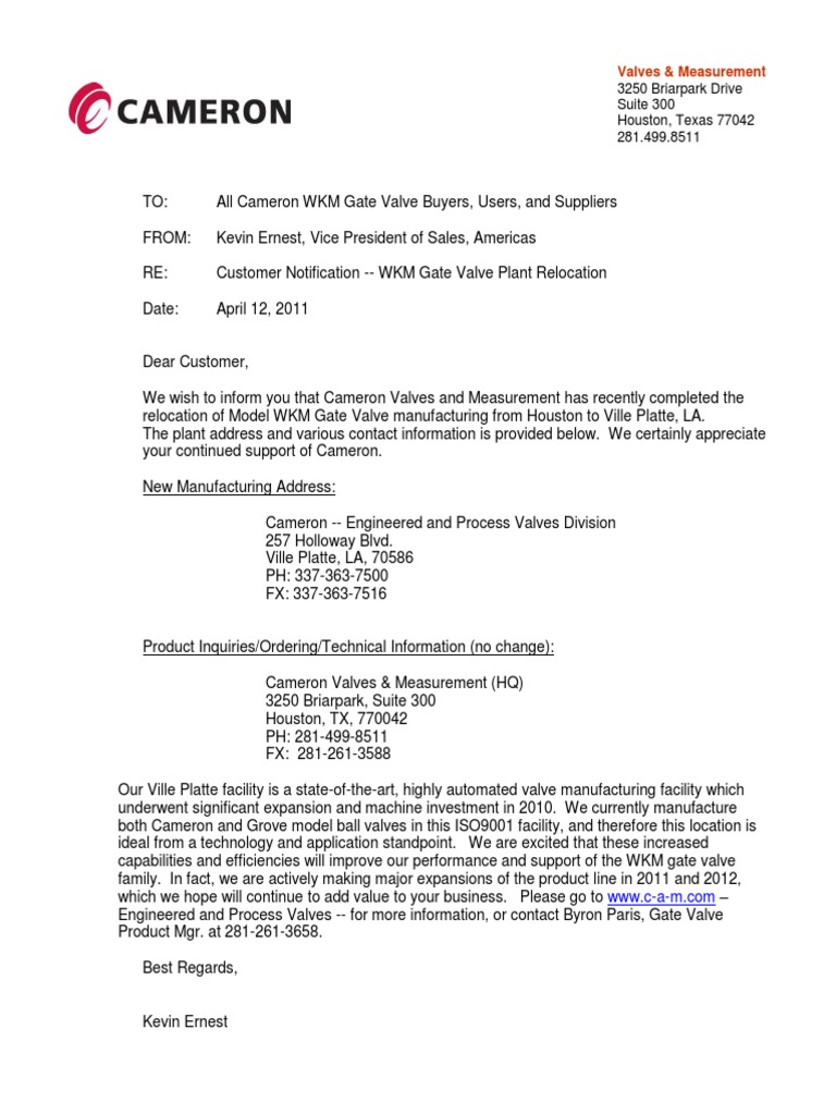 WKM Gate Valve Manufacturing Relocation | PDF
