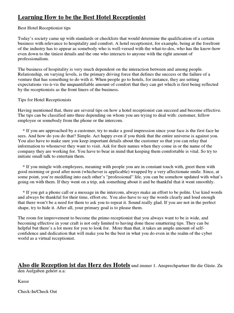 Hotel Receptionist | PDF | Shift Work | Hospitality Industry