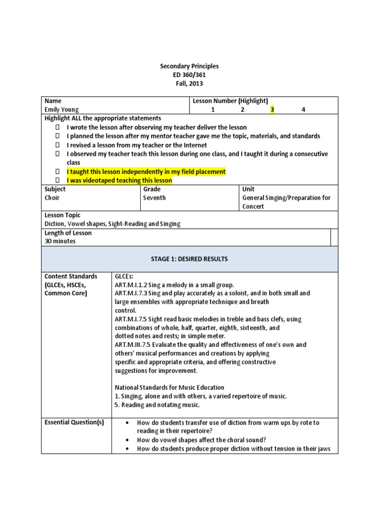 Middle School Choir Lesson Plan | PDF | Singing | Music Education