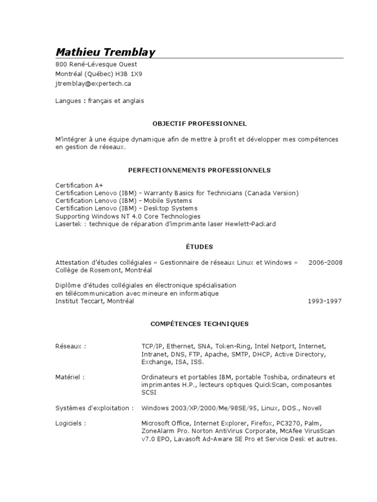 CV Technicien Informatique | PDF