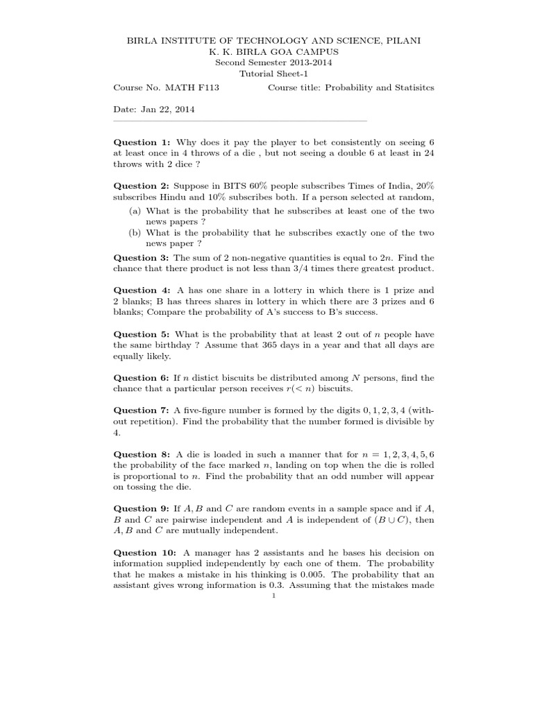Tutorial 1 | PDF | Randomness | Probability