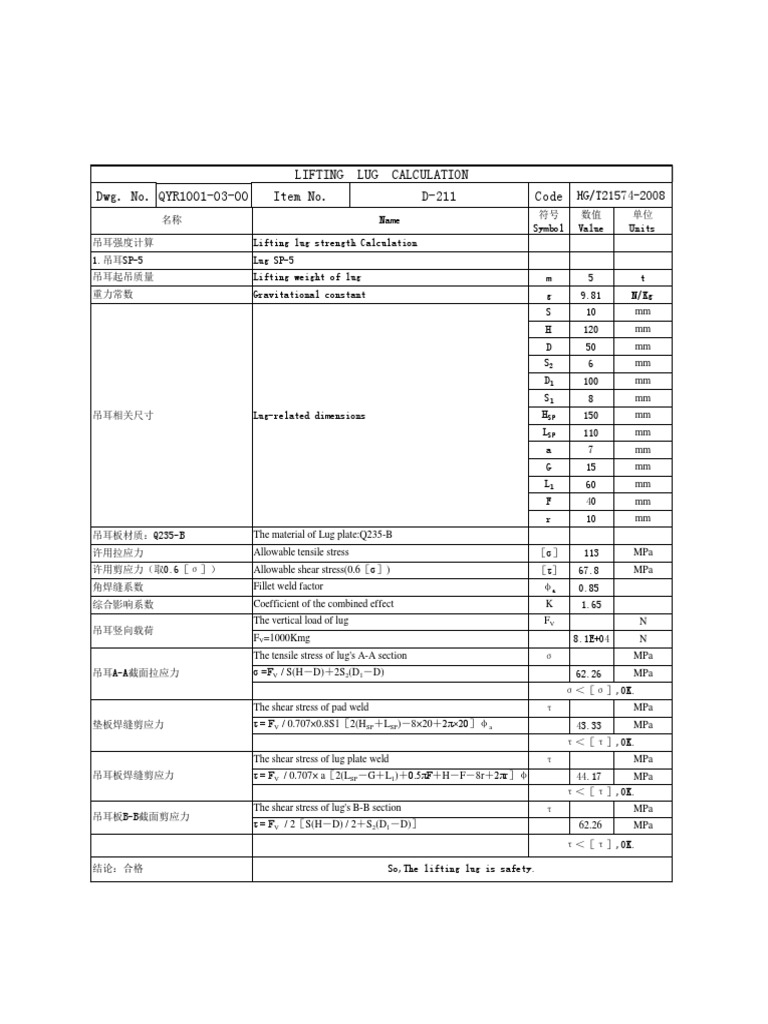 Strength Calculation and Dimensional Analysis of Lifting Lug SP-5 | PDF