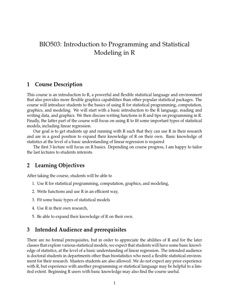 BIO503: Introduction To Programming and Statistical Modeling in R | PDF ...