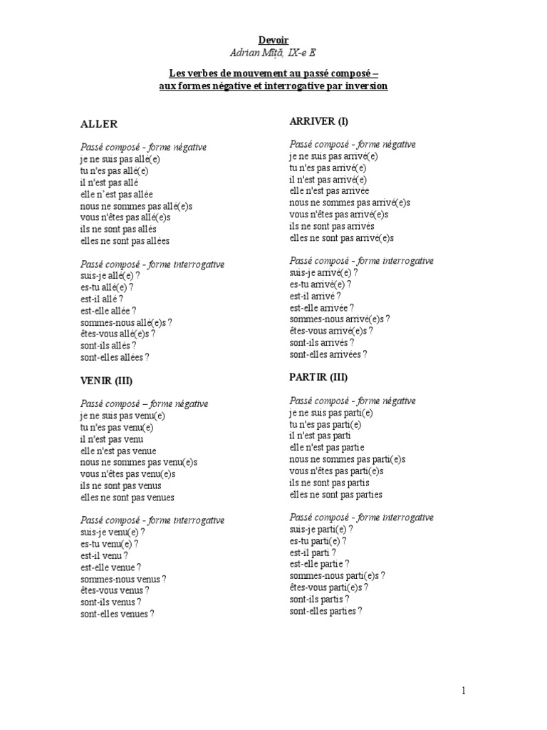 Les verbes de mouvement au passé composé | PDF | Syntaxe | Grammaire