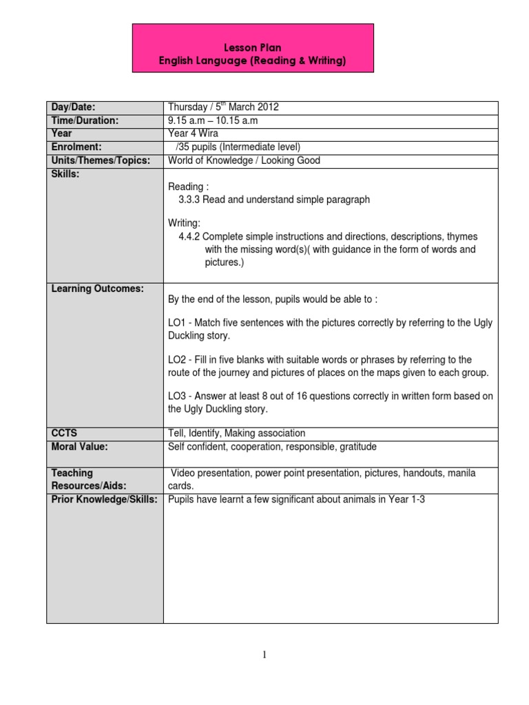 Ugly Duckling Lesson Plan for Year 4 | PDF | Lesson Plan | Reading ...