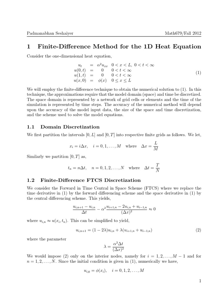 1 Finite Difference Method For The 1d Heat Equation 1 1 Domain
