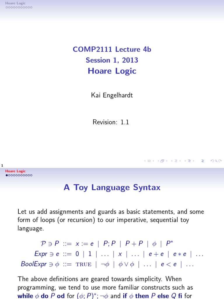 Hoare Logic: COMP2111 Lecture 4b Session 1, 2013 | PDF | Interpretation (Logic) | Logic