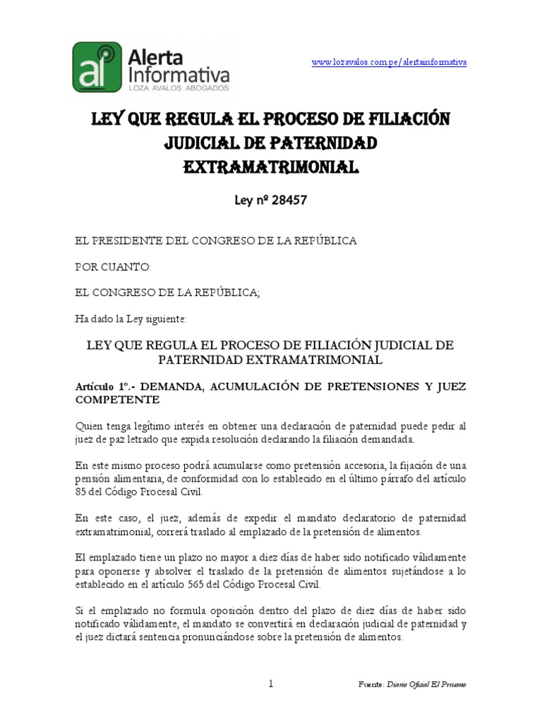 03 Ley 28457. Ley Que Regula El Proceso de Filiación Judicial de ...