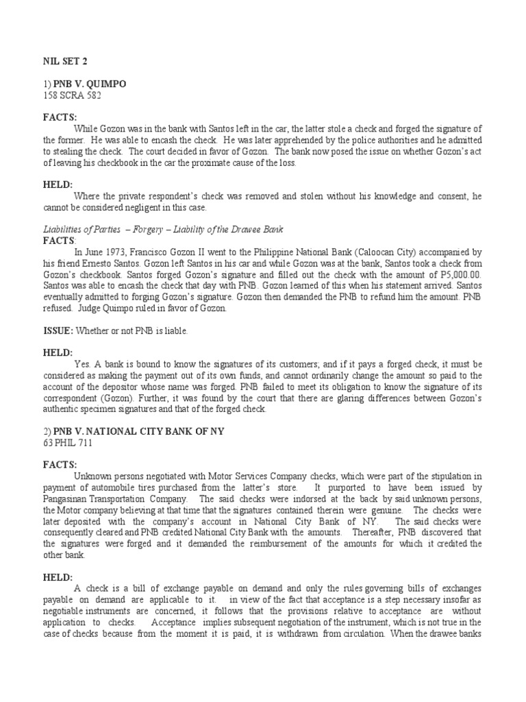 Nil Set 2: Liabilities of Parties - Forgery - Liability of The Drawee Bank | PDF | Banking ...