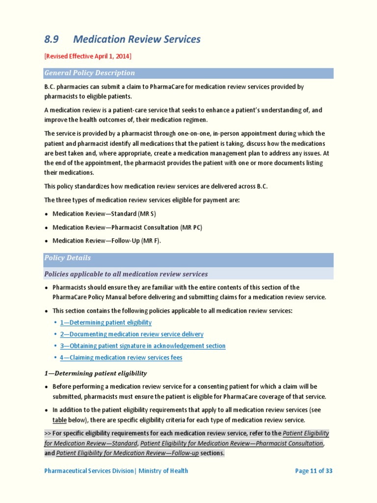 BC Medication Review Services Policy | PDF | Pharmacy | Pharmaceutical Drug