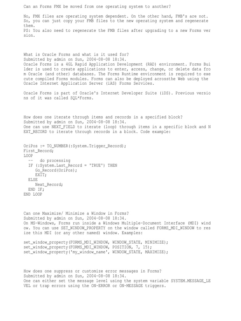 Forms Faqs Pdf Oracle Database Sql