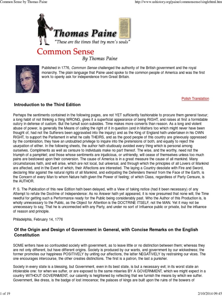 Common Sense by Thomas Paine | PDF | Common Sense | Natural And Legal ...