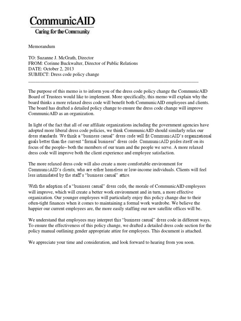 Dress Code Memo | PDF | Board Of Directors | Clothing