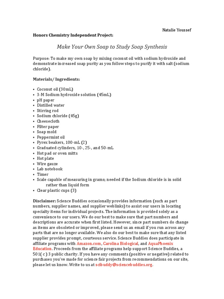 Chemistry Independent Honors Project Proposal | PDF | Soap | Vegetable Oil