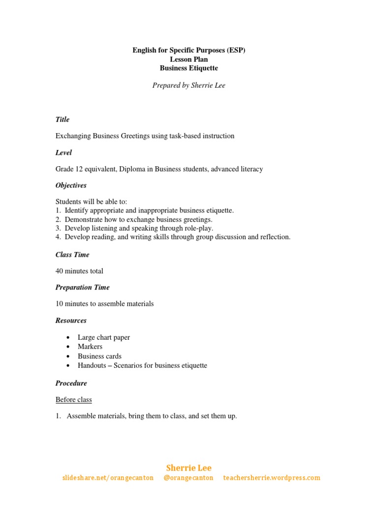 Title: English For Specific Purposes (ESP) Lesson Plan Business ...
