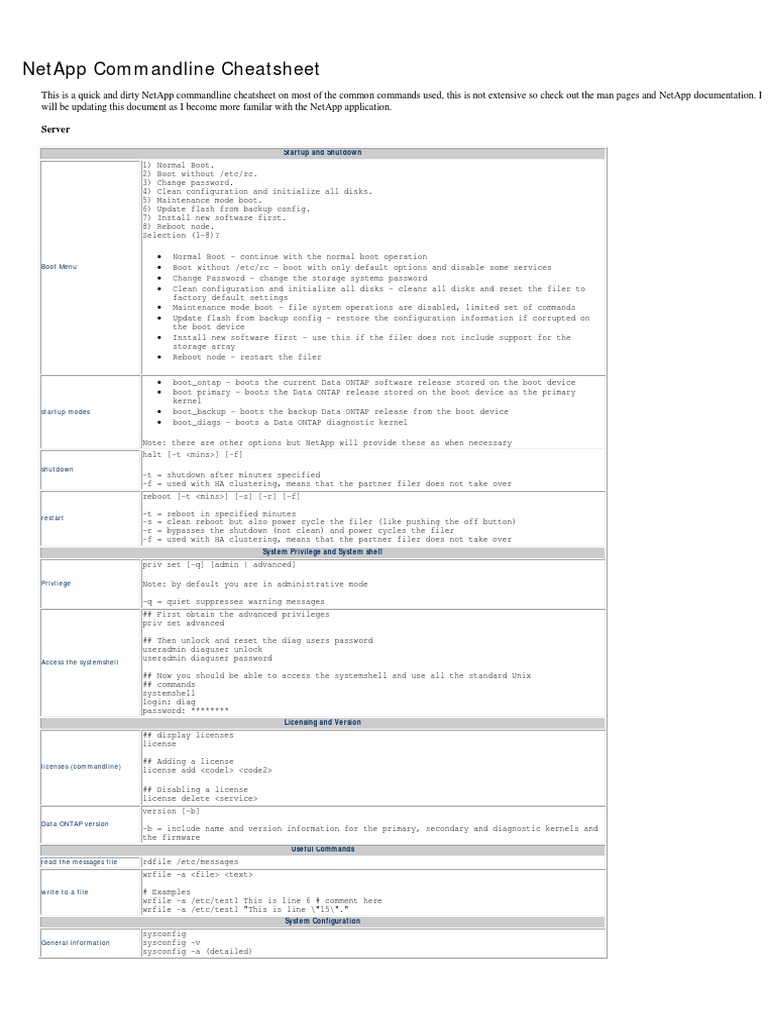 NetApp Commandline Cheatsheet | Download Free PDF | File Transfer Protocol | Booting
