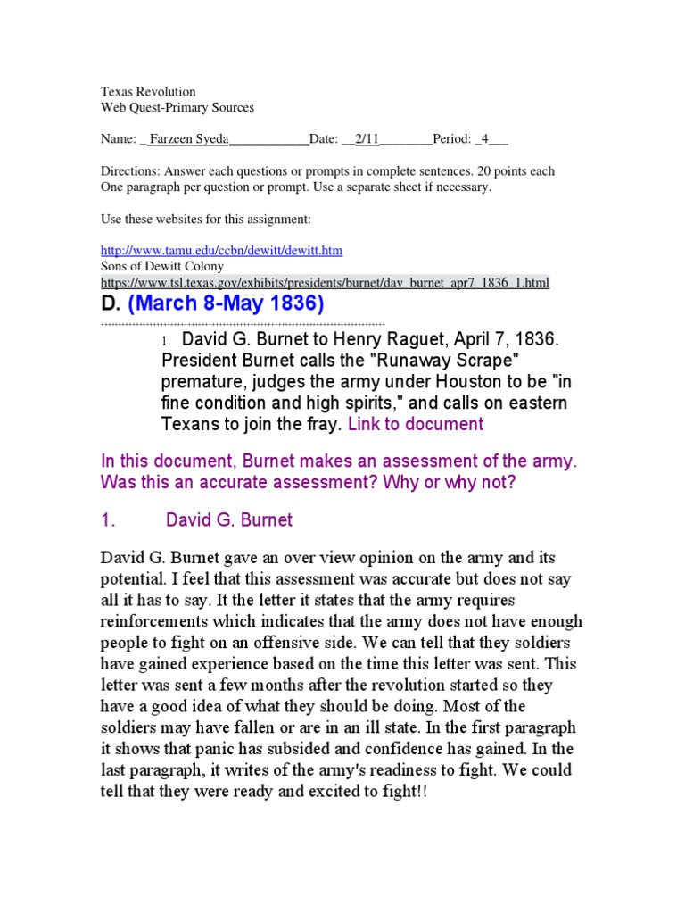 Texas Revolution Primary Sources Analysis | PDF | Conflicts | Warfare