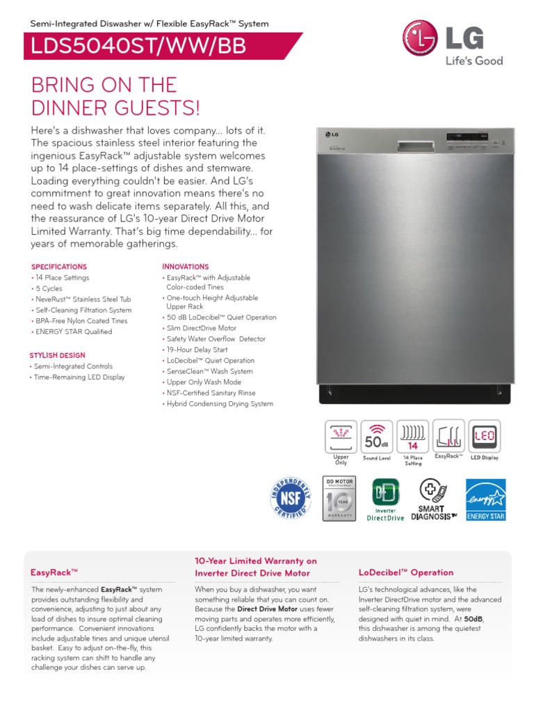 LG LDS5040 Dishwasher Spec Sheet | PDF | Dishwasher | Manufactured Goods