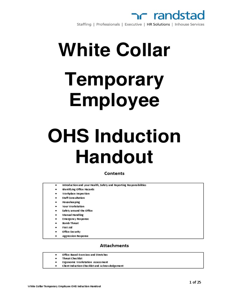 White Collar Temporary Employee OHS Induction Handout | PDF ...