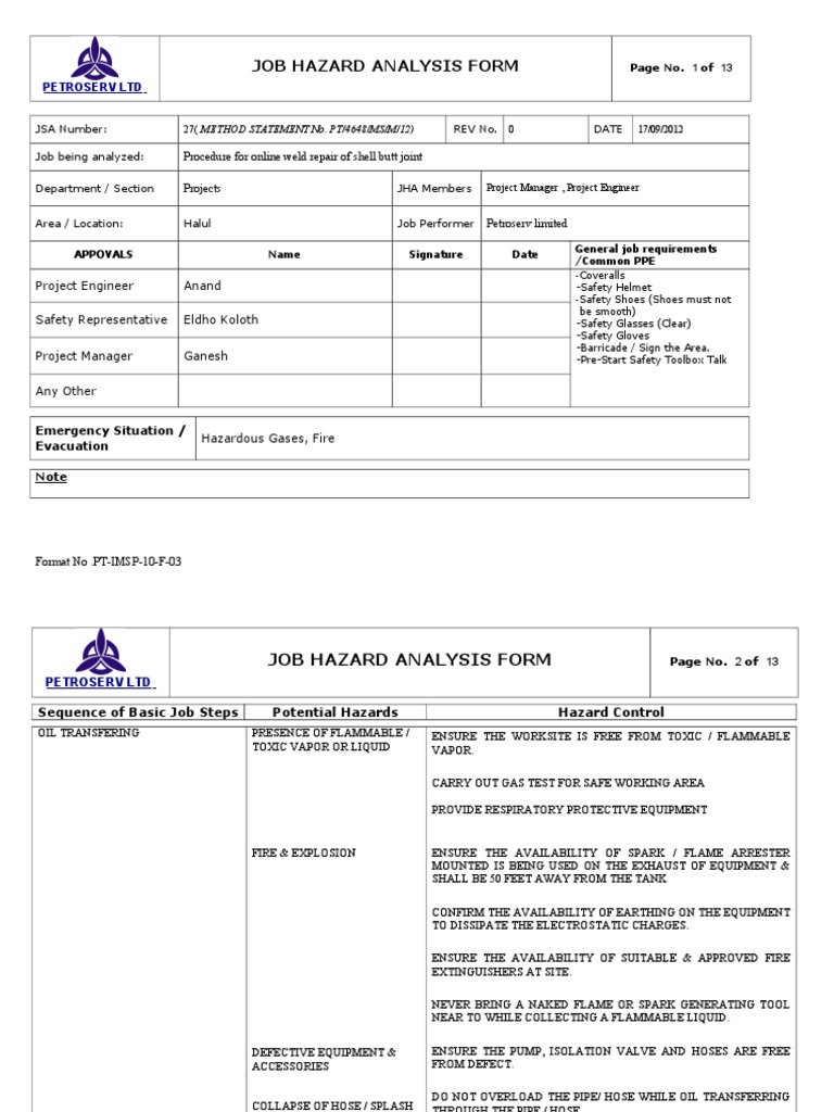 Job Hazard Analysis for Welding Operations | PDF | Scaffolding ...