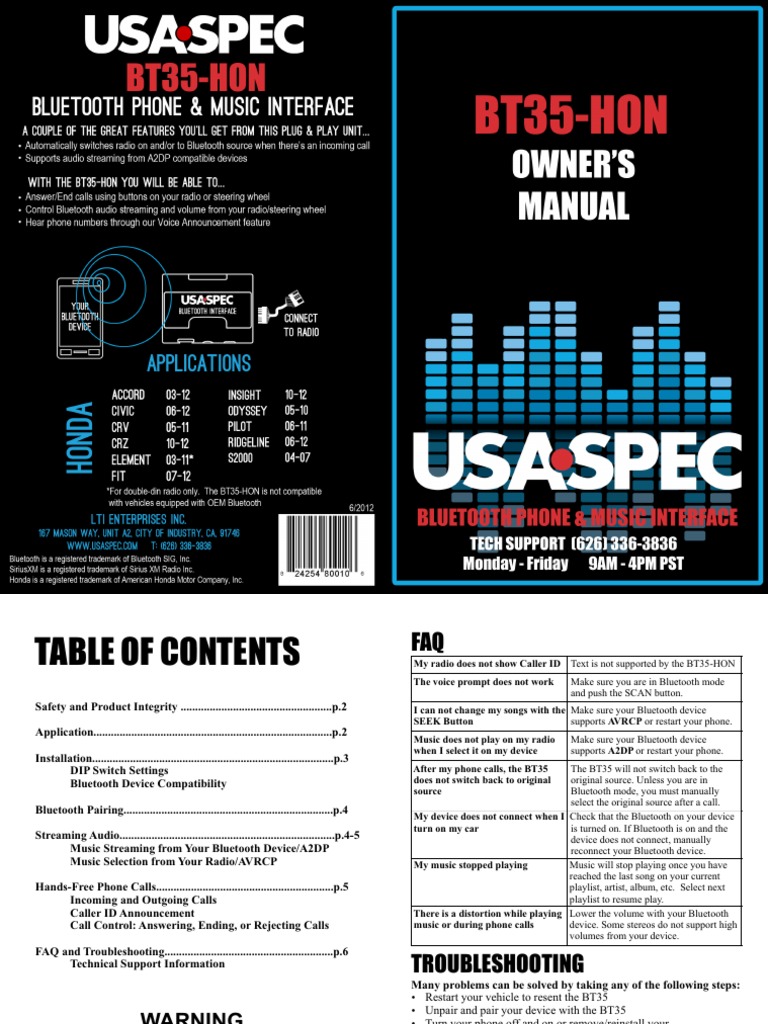 Bt35-HON Owners Manual | PDF | Bluetooth | Telephone