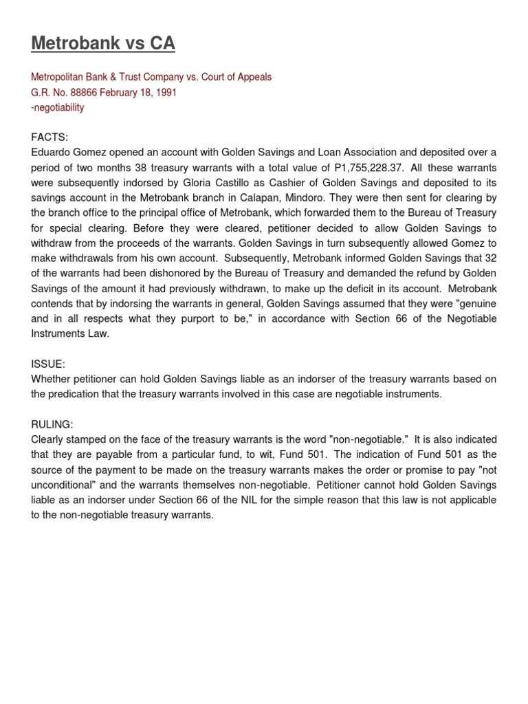 Metrobank Vs CA: Metropolitan Bank & Trust Company vs. Court of Appeals ...