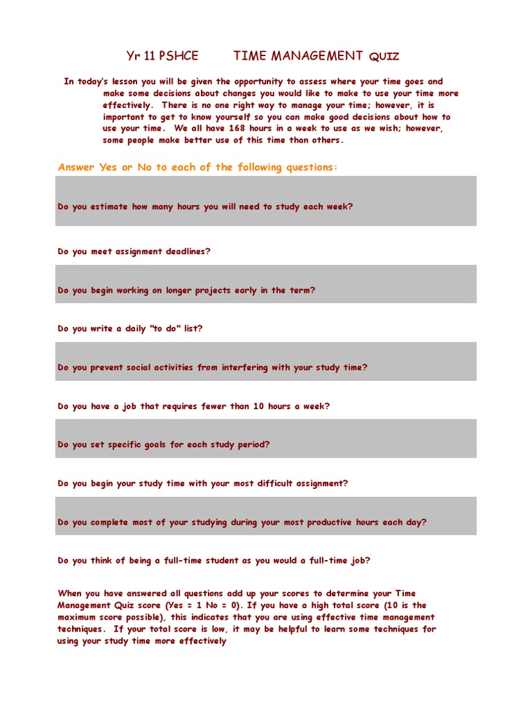Yr 11 Pshce Time Management: Answer Yes or No To Each of The Following ...