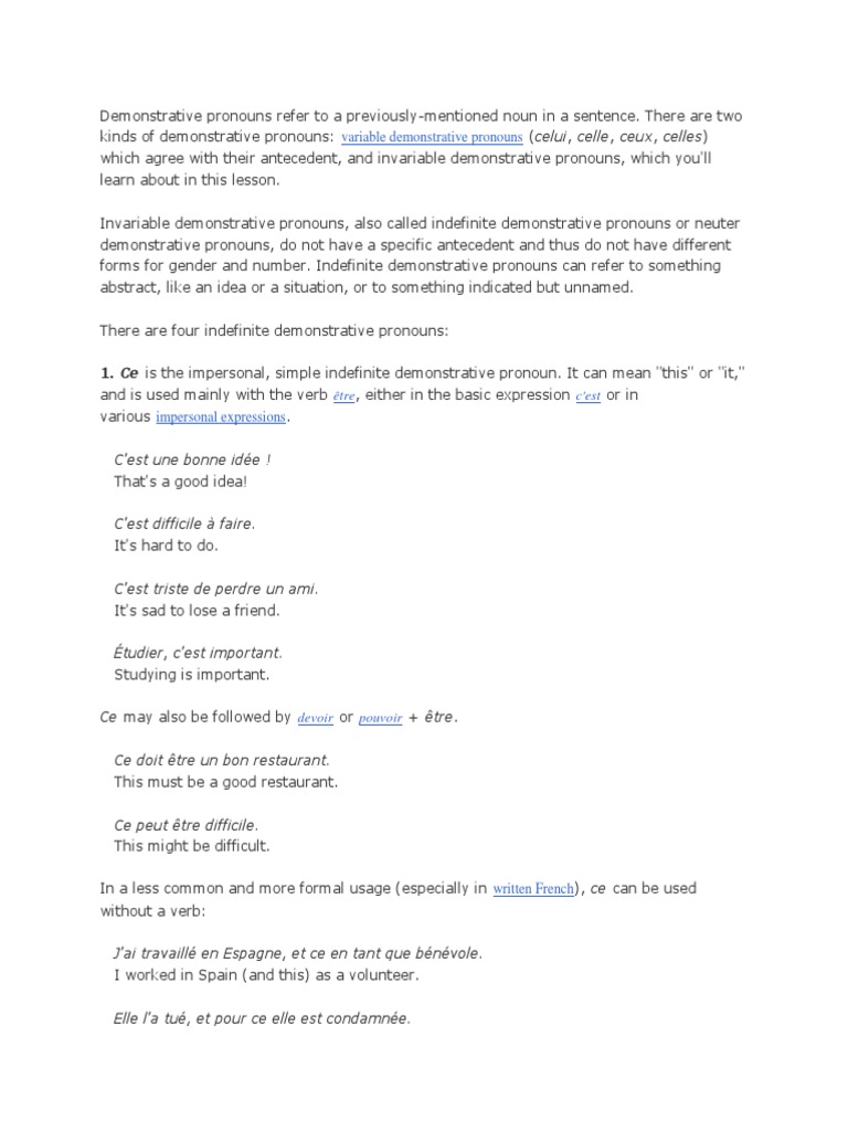 Demonstrative Pronouns French | PDF | Pronoun | Grammatical Gender