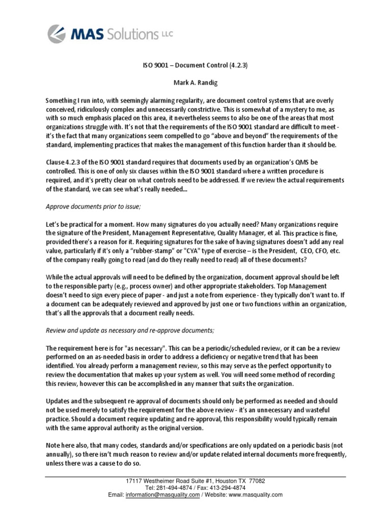 ISO 9001 - Document Control 4.2.3 | PDF | Iso 9000 | Specification ...
