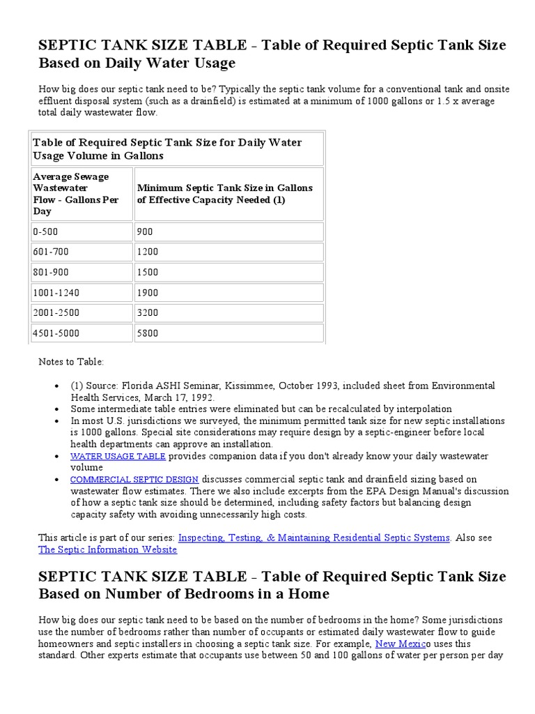 Septic Tank Size Table | PDF | Septic Tank | Sewage Treatment