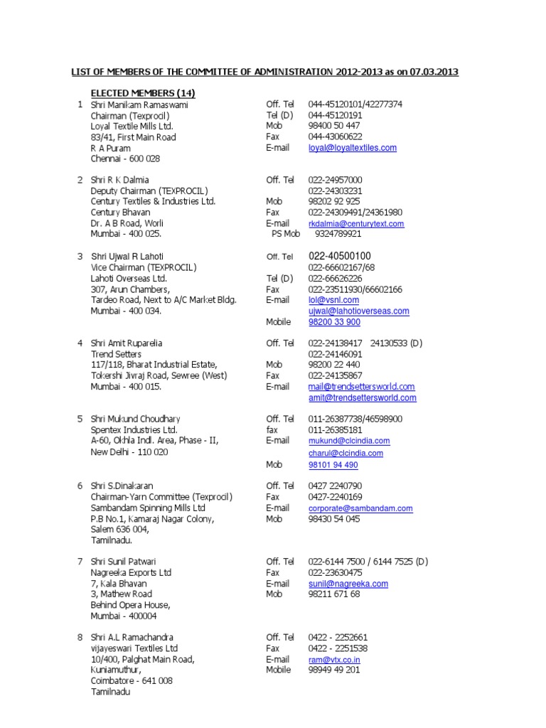 TEXPROCIL - COA list 2012-13