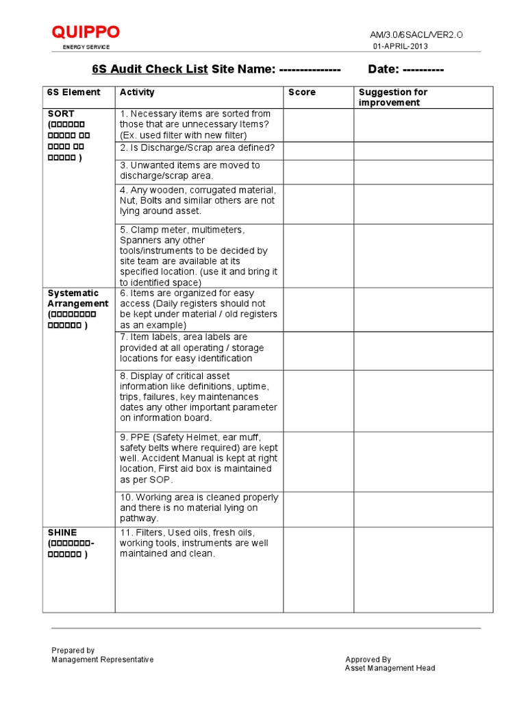 6s Audit Checklist | PDF | Personal Protective Equipment | Safety