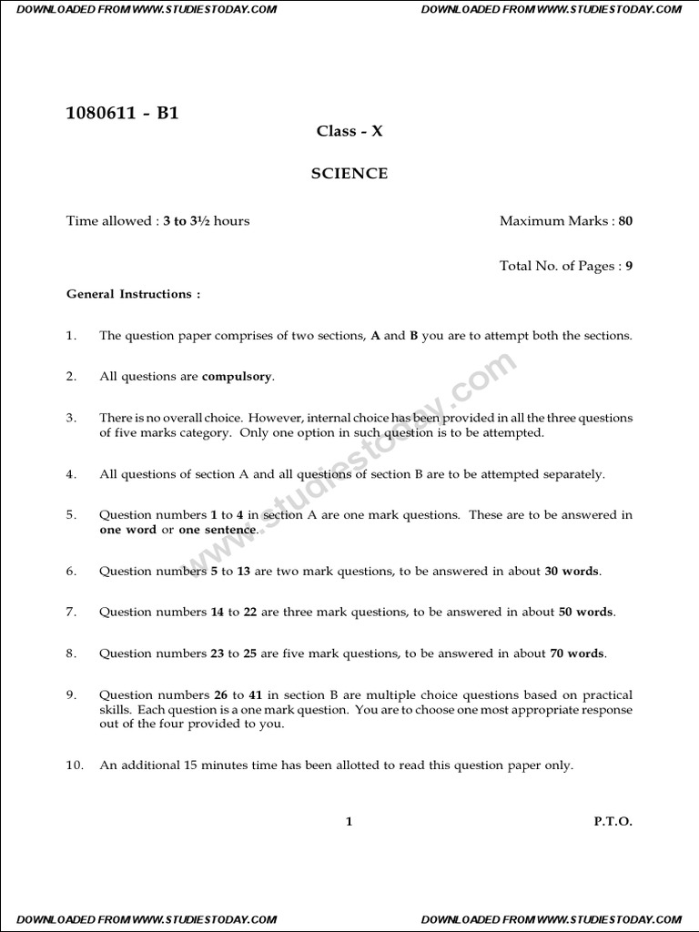CBSE Class 10 Science Question Paper SA1 2010 | PDF | Redox ...
