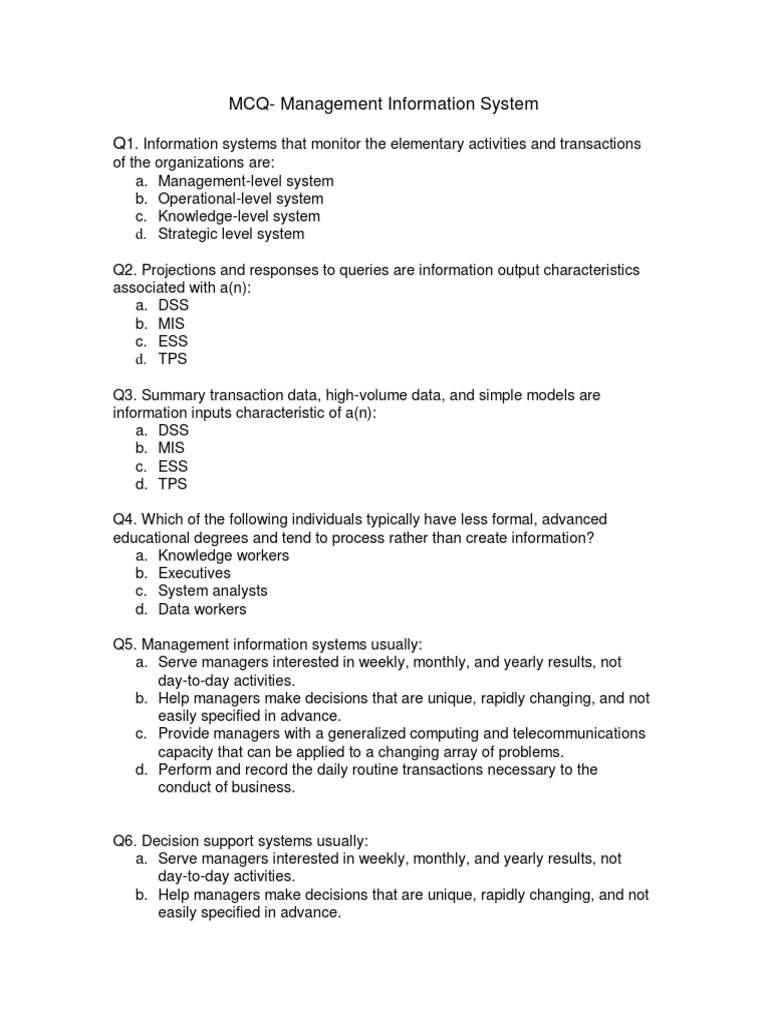 Management Information System MCQ | PDF | Information System ...