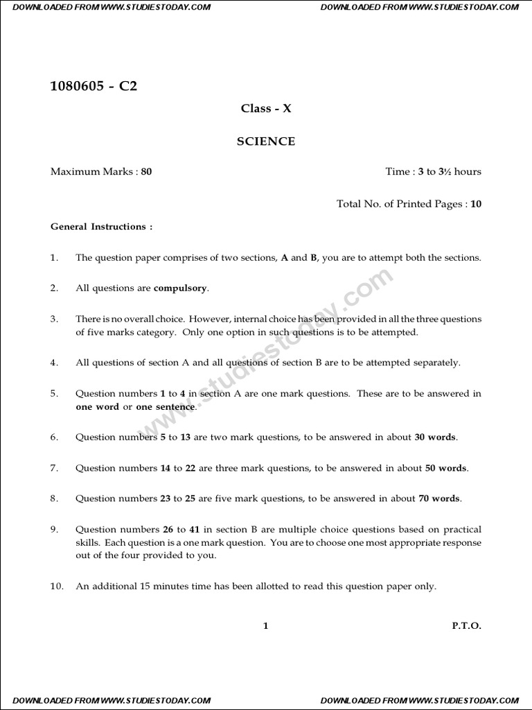 CBSE Class 10 Science Question Paper SA1 2010 | PDF | Electrical ...