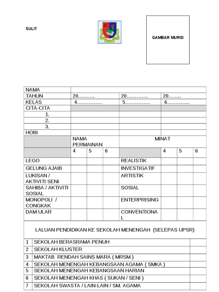 Contoh Profil Kerjaya Murid Sek Rendah | PDF