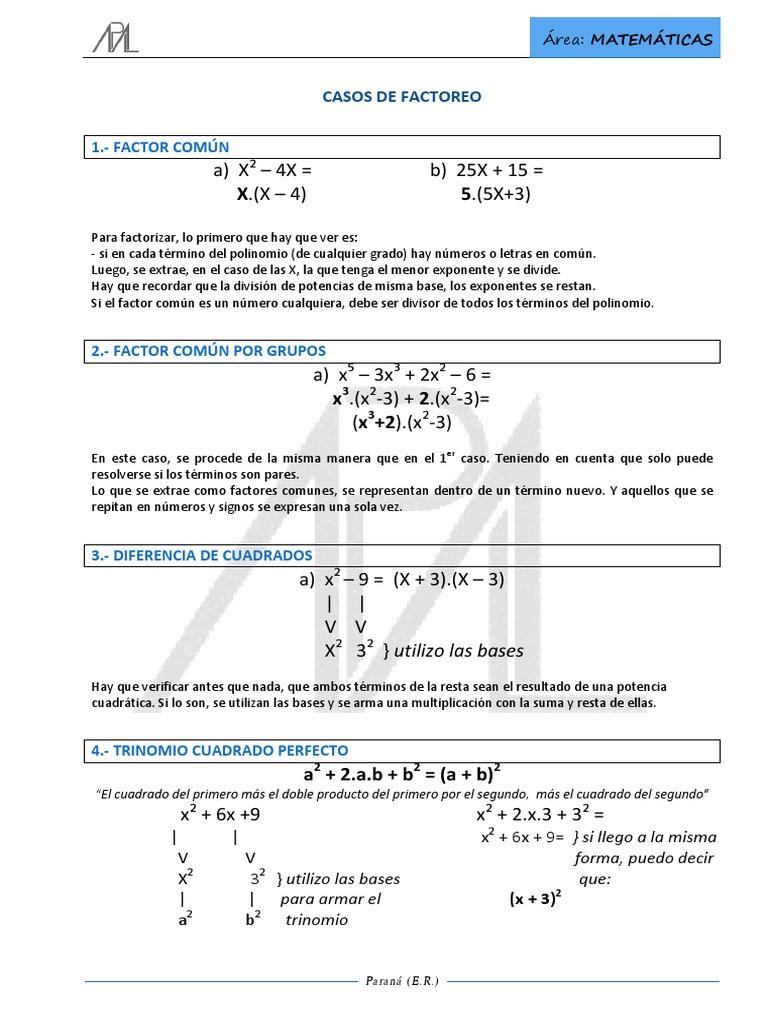 Casos de Factoreo 1 | Factorización | Análisis matemático