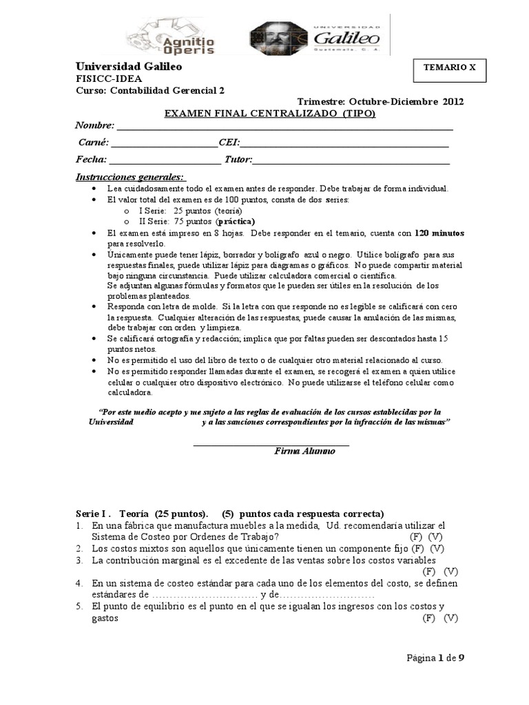 Examen Final Tipo Contabilidad Gerencial 2. Nov.12 | PDF | Presupuesto | Negocios económicos