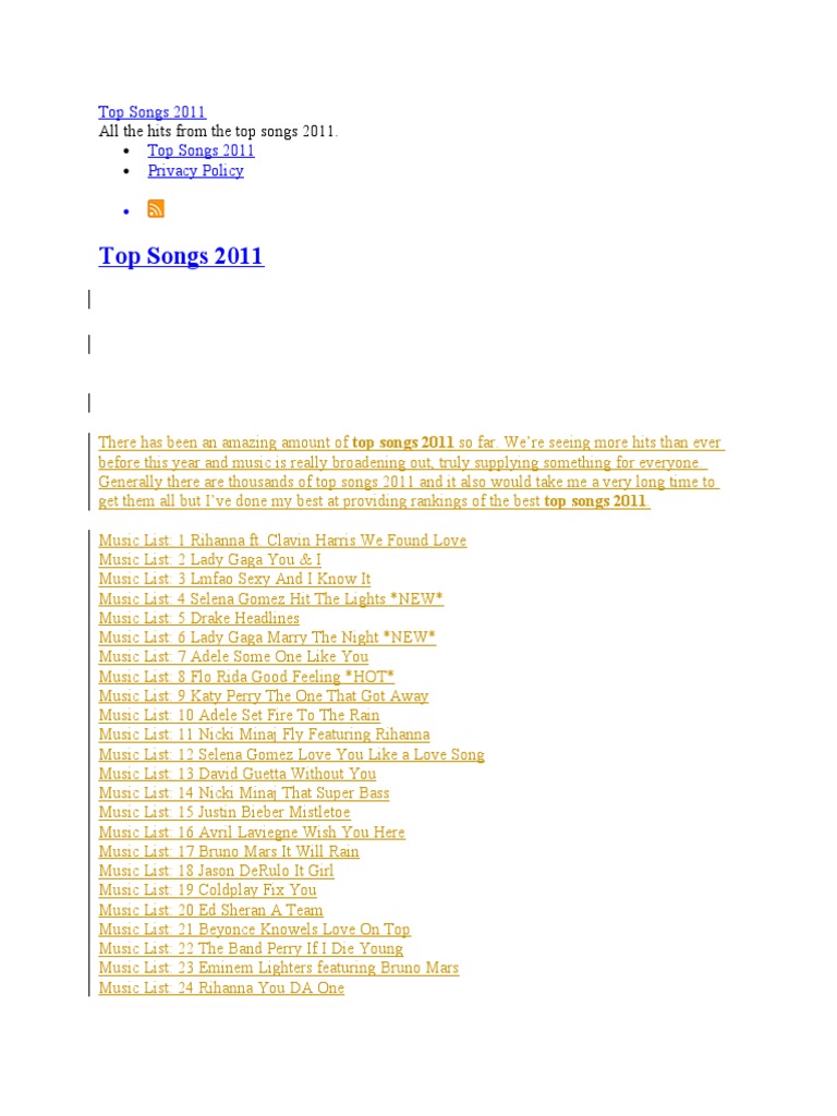 All The Hits From The Top Songs 2011 | PDF | Entertainment (General)