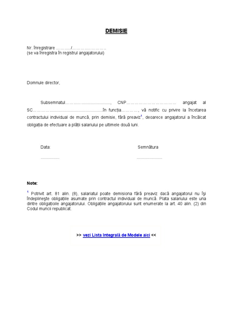 Model Cerere Demisie Fara Preaviz | PDF