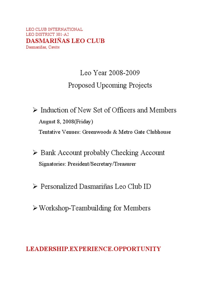 Leo Year 2008-2009 Proposed Upcoming Projects: Dasmariñas Leo Club | PDF