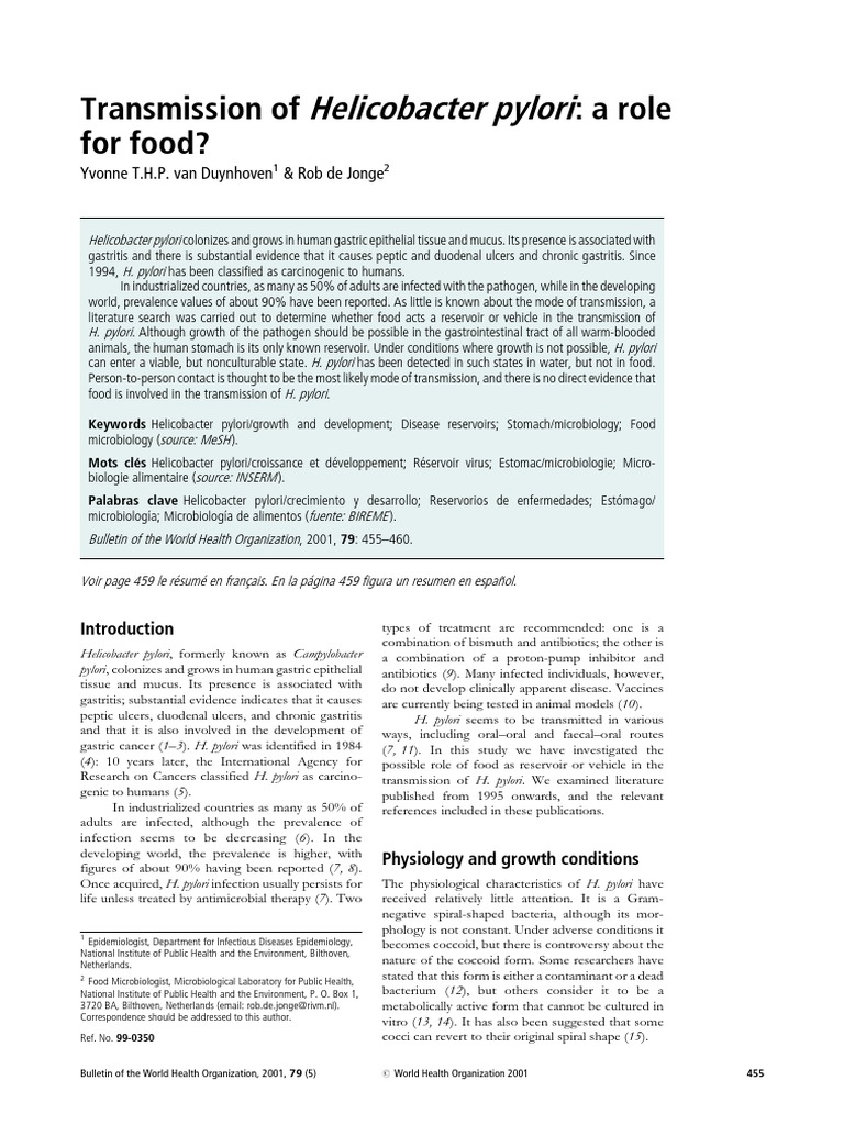 Helicobacter Pylori: Transmission Of: A Role For Food? | PDF | Peptic ...