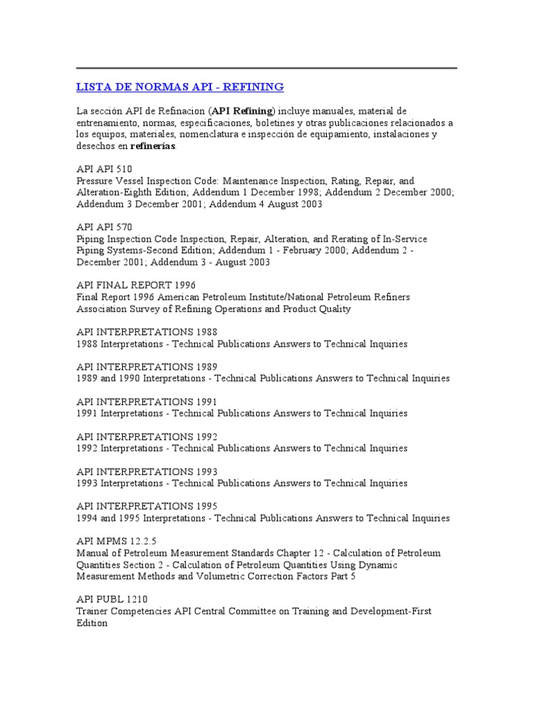 Lista de Normas API Refinacion | PDF | Oil Refinery | Petroleum
