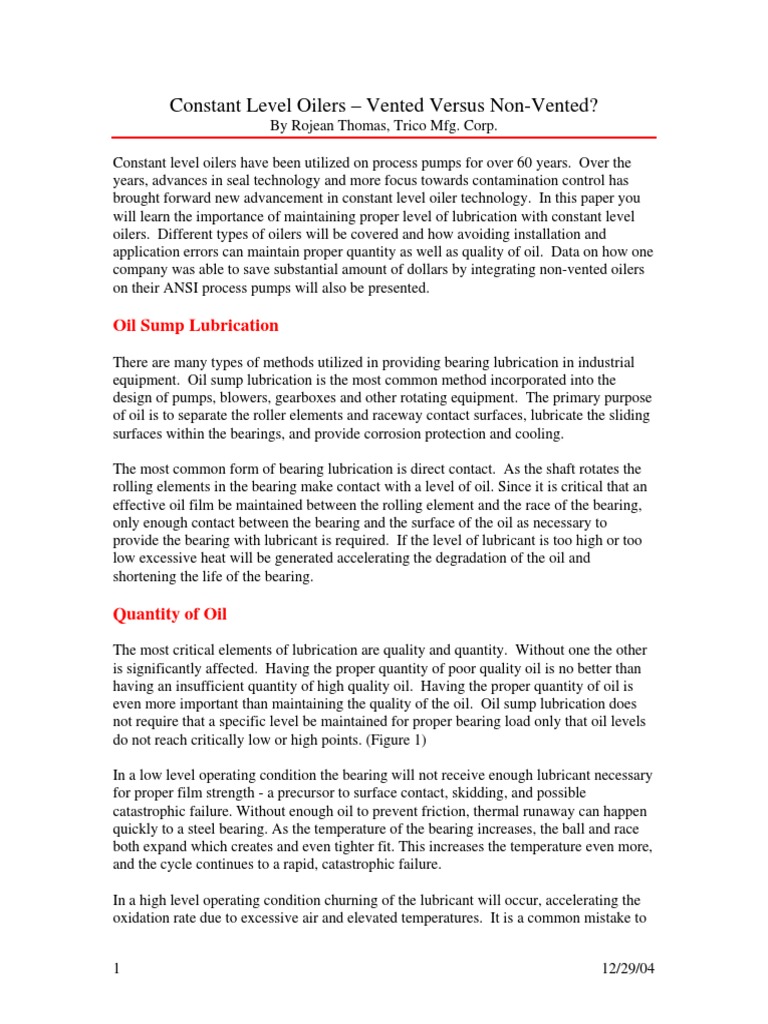 Constant Level Oiler - Vented or Nonvented | PDF | Bearing (Mechanical ...