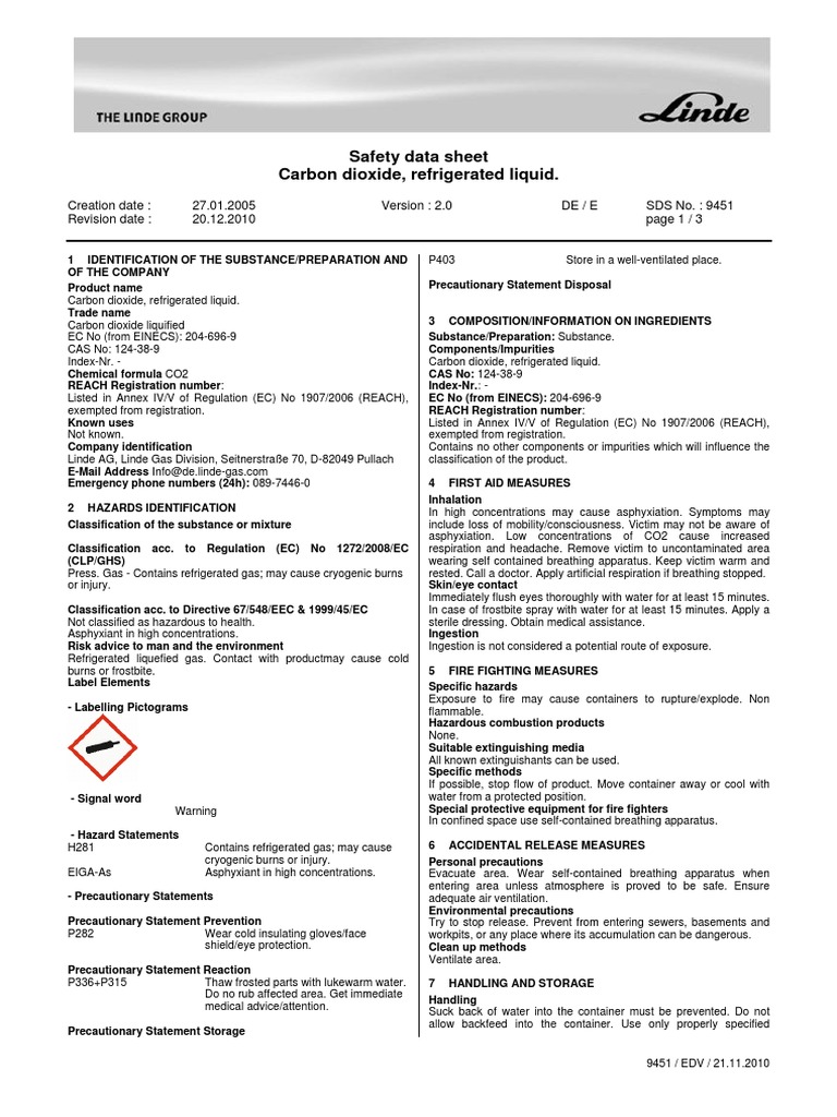 Carbon Dioxide SDS Liquefied Gas EU Format Linde HiQ Jan 2011 | PDF ...
