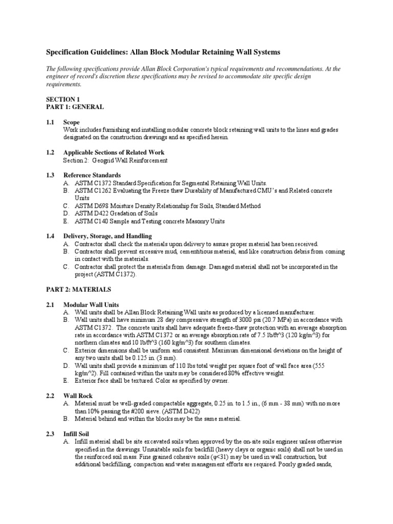 Allan Block Retaining Wall Specs | PDF | Concrete | Soil